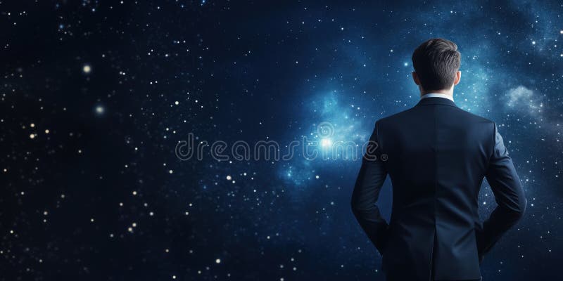 Man in Suit Gazing at Starry Space, Contemplating Future Possibilities ...