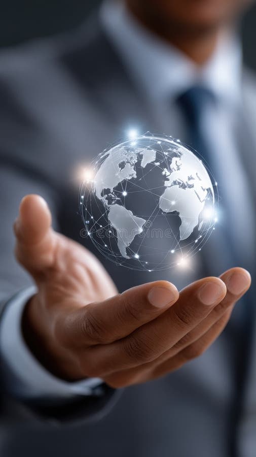 Man in Suit Holding Digital World Globe Network in Hand Representing ...