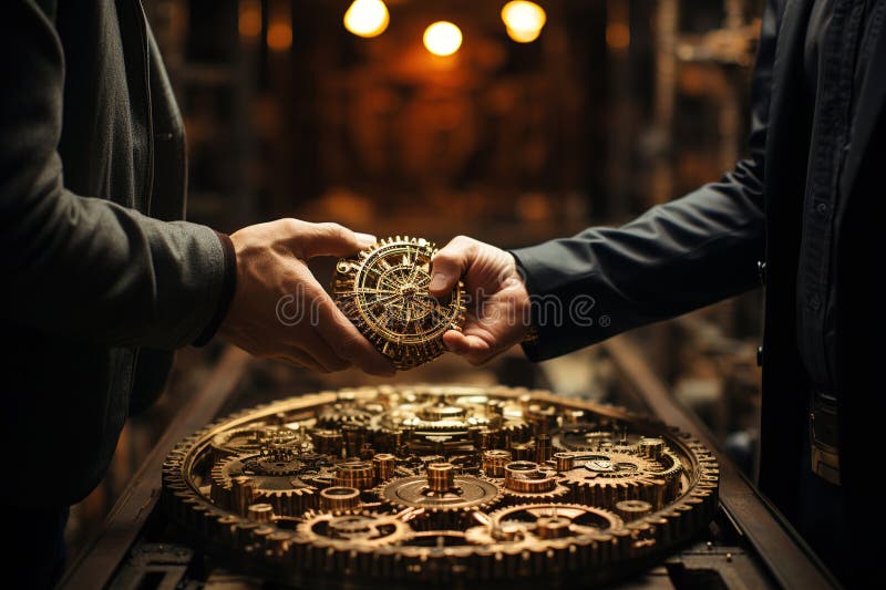 A Man in a Suit Holding a Gear in His Hands. Many Gears on Table Stock ...
