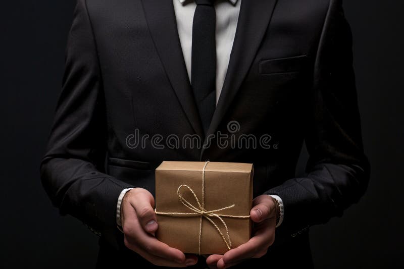 Man in Suit Holding Gift Box Stock Illustration - Illustration of close ...