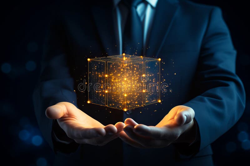 Man in Suit Holding Glowing Cube in His Hands. Generative AI Stock ...
