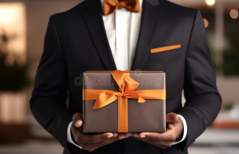 A Man in a Suit is Holding a Present Box in a White Box Stock ...