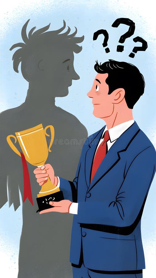 Man in Suit Holding Trophy with Shadow and Question Marks, Light Blue ...