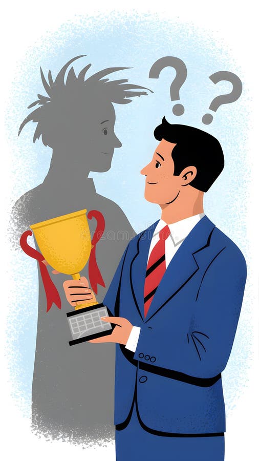 Man in Suit Holding Trophy with Shadow and Question Marks, Light Blue ...