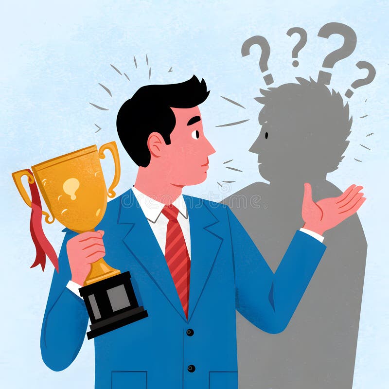 Man in Suit Holding Trophy with Shadow and Question Marks, Light Blue ...