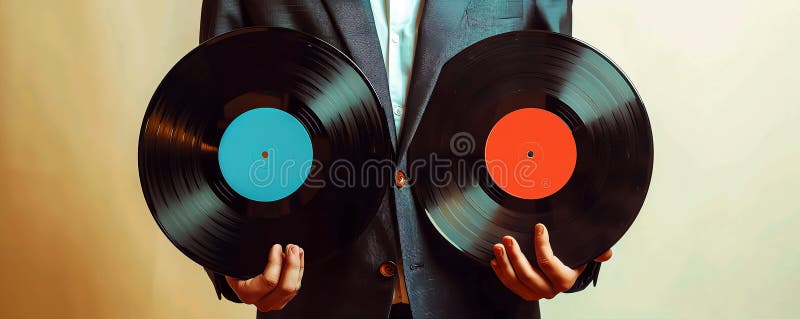 A Man in a Suit Holding Two Vinyl Records. the Record on the Left Has a ...