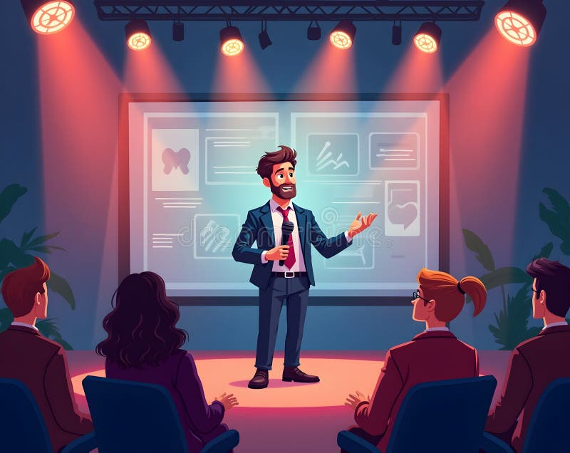 Businessman Presenting on Stage with Microphone at Professional Seminar ...