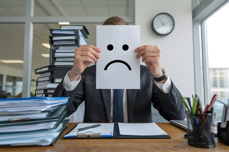 Man in Suit Holds Paper with Sad Face, Office Setting Emphasizes Somber ...