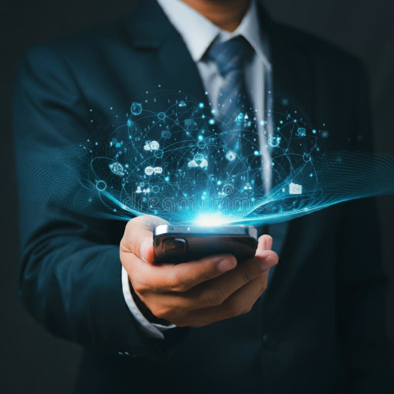 A Man in a Suit Holds a Smartphone in One Hand. Above the Phone ...