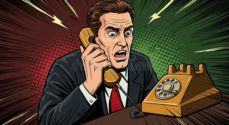 A Man in a Suit Holds a Yellow Rotary Phone with an Expression of Shock ...