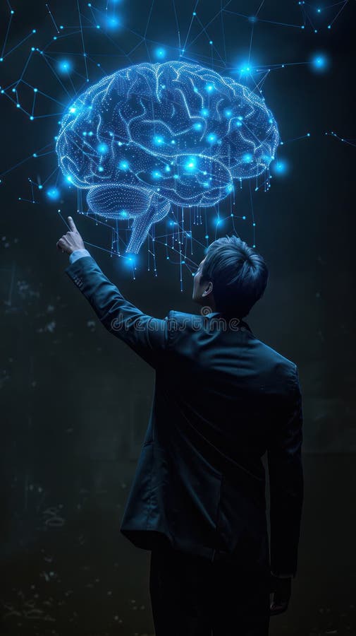Man in Suit Interacting with a Glowing Digital Brain, Symbolizing ...