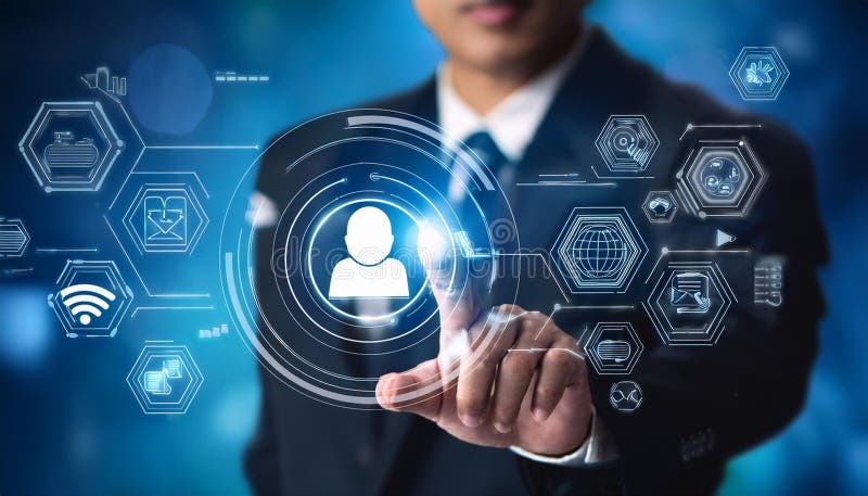 A Man in a Suit Interacts with a Digital Interface, Highlighting a ...