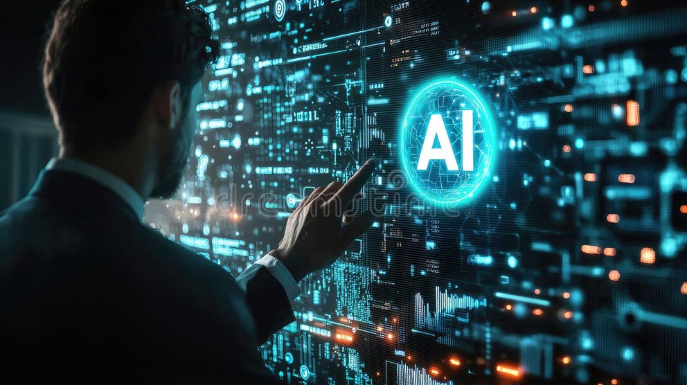 AI Technology Interface Businessman Interacting with Glowing Artificial ...