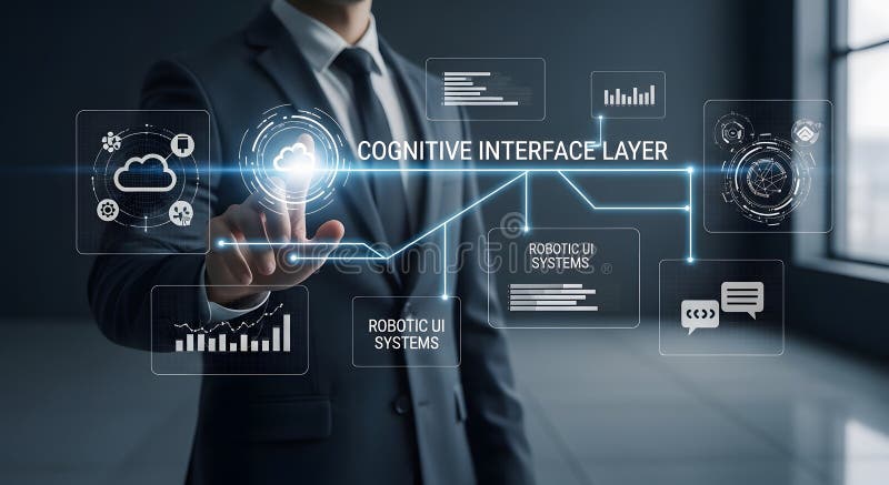 Man in Suit Touching Holographic Interface with Cloud Computing and ...