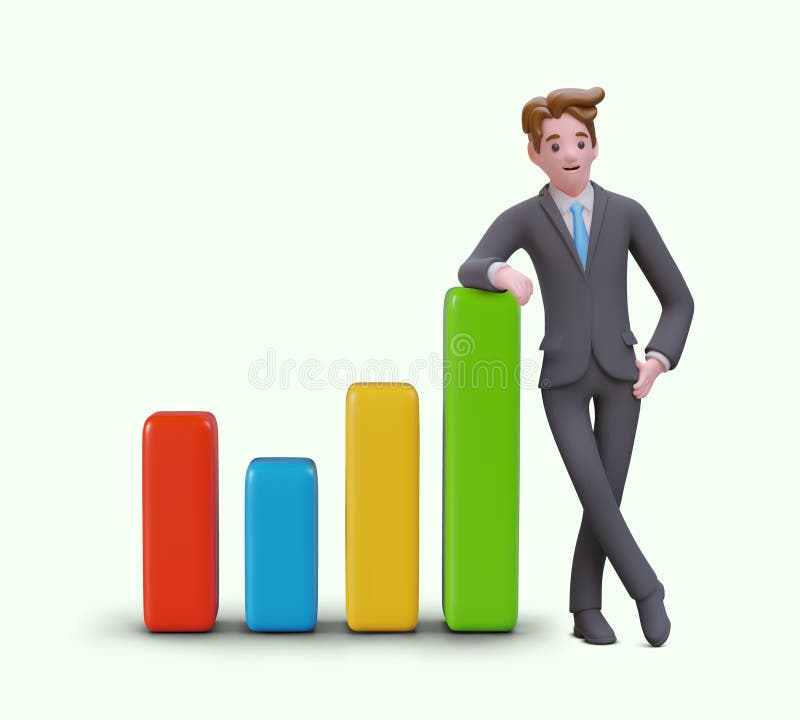 Man in Suit Leans on Colored Bar Chart. Statistics, Analytics, Control ...