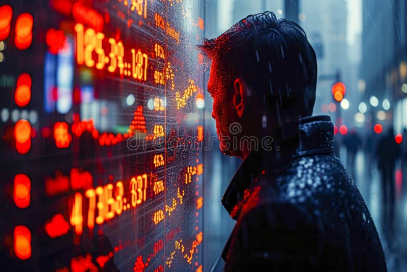 A Man in a Suit is Looking at a Computer Screen with a Lot of Numbers ...