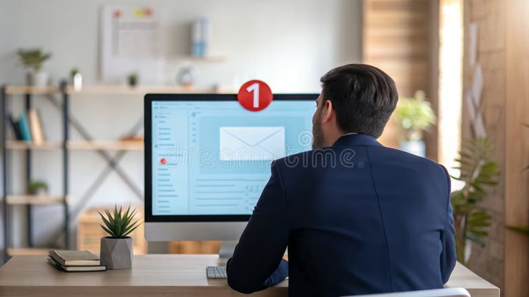 Man in Suit Looking at Computer Screen with New Email Notification in ...