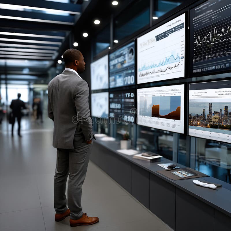 Man in Suit Observes Multiple Financial Data Screens in Modern O Stock ...