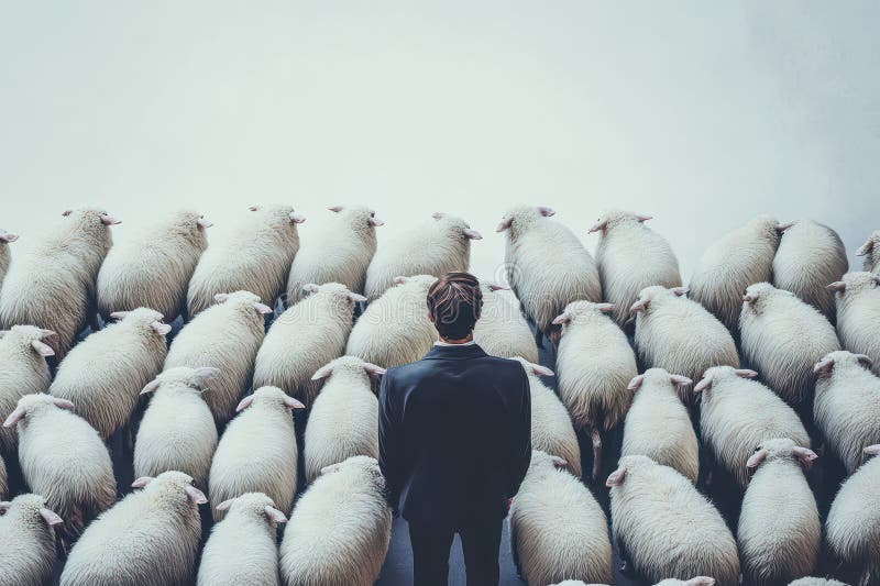 Man in Suit Observing a Flock of Sheep Stock Image - Image of nature ...