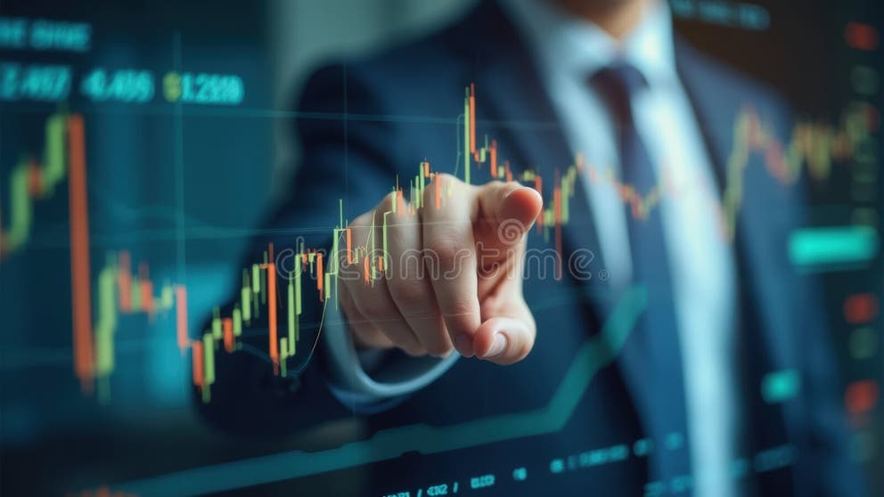 Man in a Suit is Pointing at a Graph on a Computer Screen Stock Image - Image of digital ...