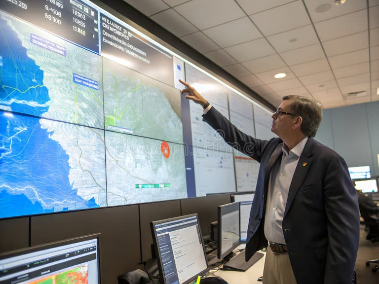 Man Points at Large Display Screen Showing Geographic Data Stock ...