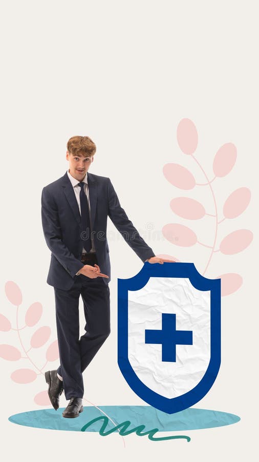 Man Suit Presenting Large Medical Shield, Symbolizing Health Insurance ...