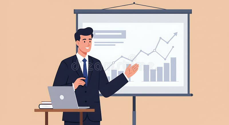 A Man in a Suit is Presenting beside a Projection Screen Displaying a ...