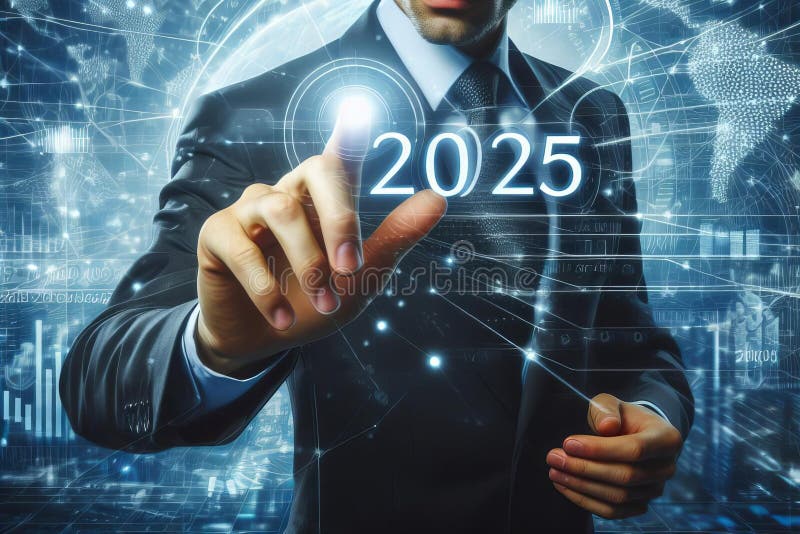 Man in Suit is Pressing Button on Computer Screen that Says 2025 Stock ...
