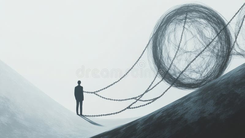 Man in Suit Pulling Heavy Chains Attached To Tangled Sphere on Abstract ...