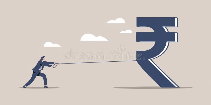 Man in Suit Pulling Large Indian Rupee Symbol Stock Illustration ...