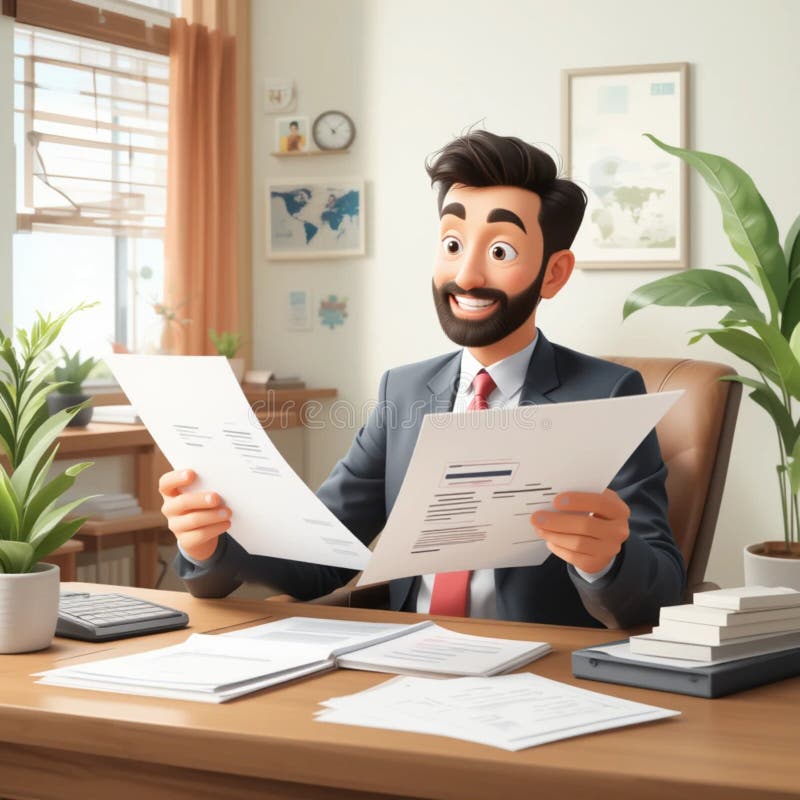 Man in Suit Reviewing Documents at Office Desk with Cheerful Expression ...