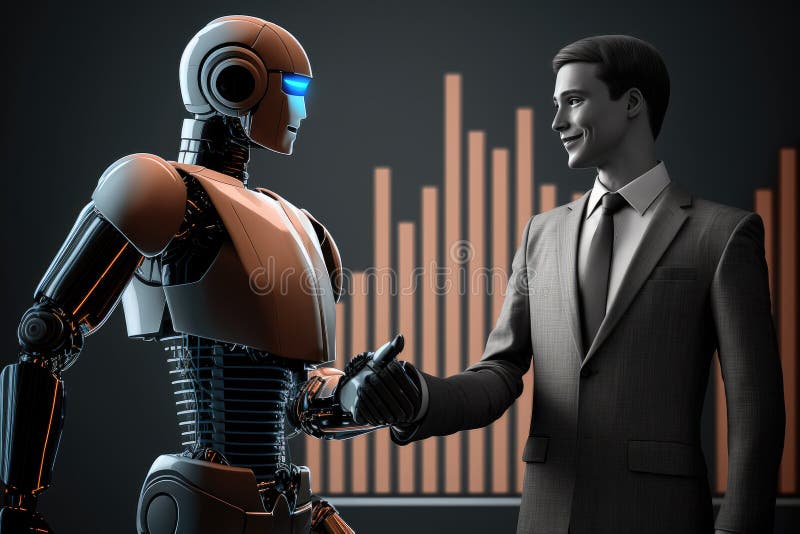 A Man in a Suit and a Robot Shaking Hands with a Business Diagram or ...