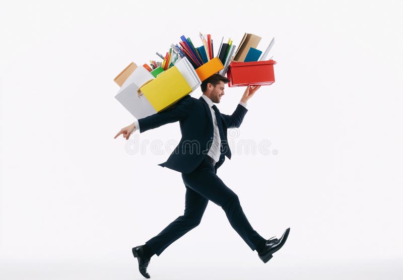 A Man in a Suit is Running with a Box of Papers on His Back Stock ...
