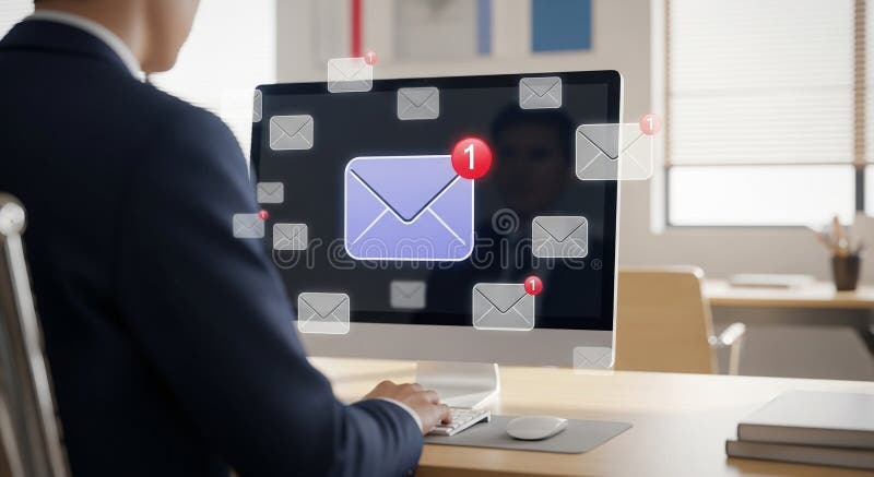 Man in Suit at Desk with Computer Showing Email Notifications and Inbox ...