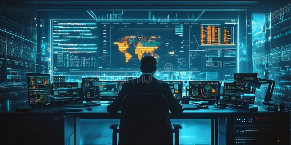 Man in Suit Sits at Desk Facing Multiple Computer Screens Displaying Data and World Map Stock ...