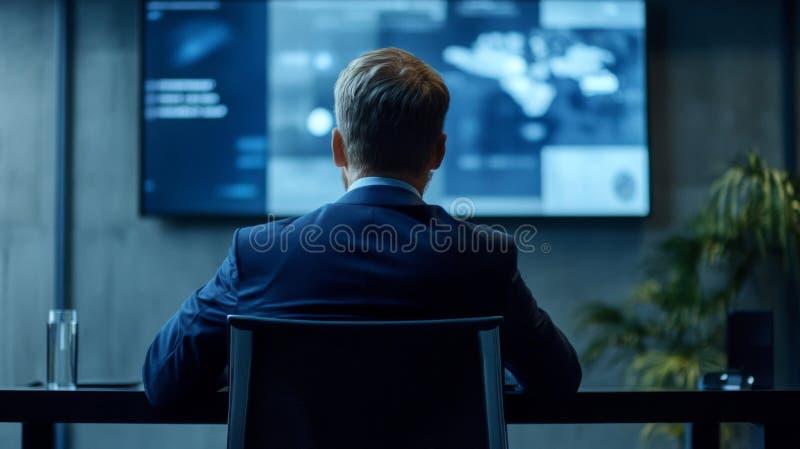 A Man in a Suit Sits Facing a Large Screen Displaying Data Stock ...