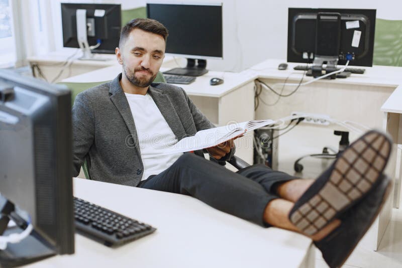 Man in a Suit is Sitting at the Computer. Stock Photo - Image of male ...