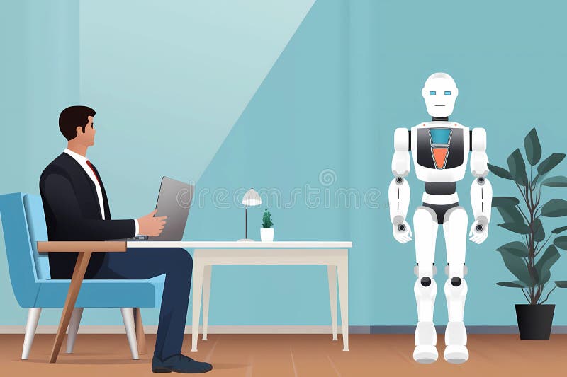 A Man in a Suit is Sitting in Front of a Robot Stock Illustration ...