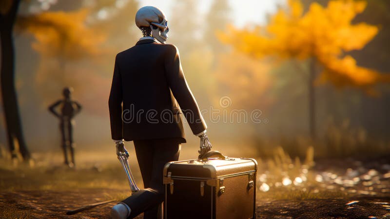 Man in Suit with Skeleton Head Holding Suitcase in Park Stock ...