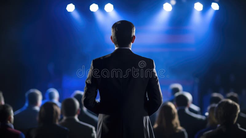 Man in a Suit Speaking into a Microphone in Front of an Audience in a ...