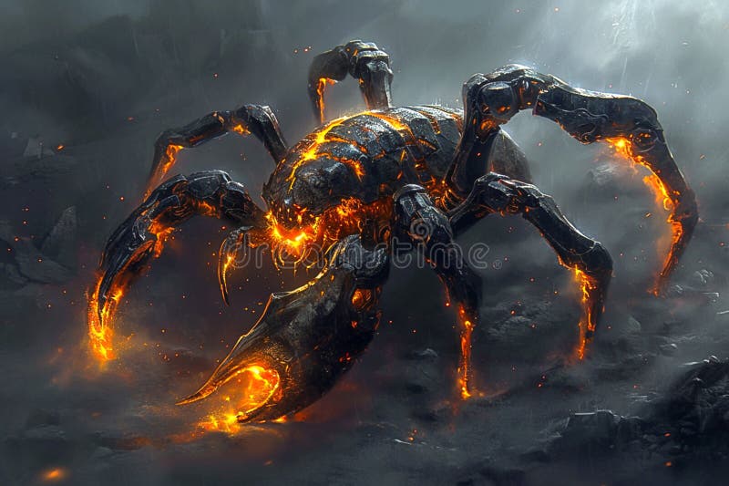 A Large Spider with Flames on Its Legs in a Dark Sky Stock Illustration ...