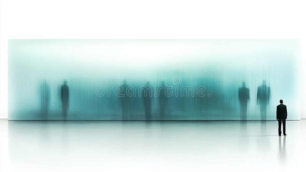 Man in Suit Standing before Blurred Figures on Translucent Screen Stock ...