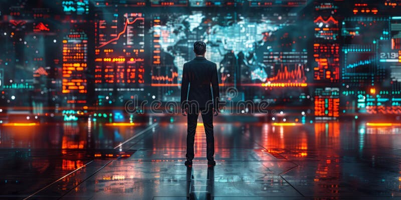 Man in a Suit Standing in Front of a Futuristic Data Screen with ...