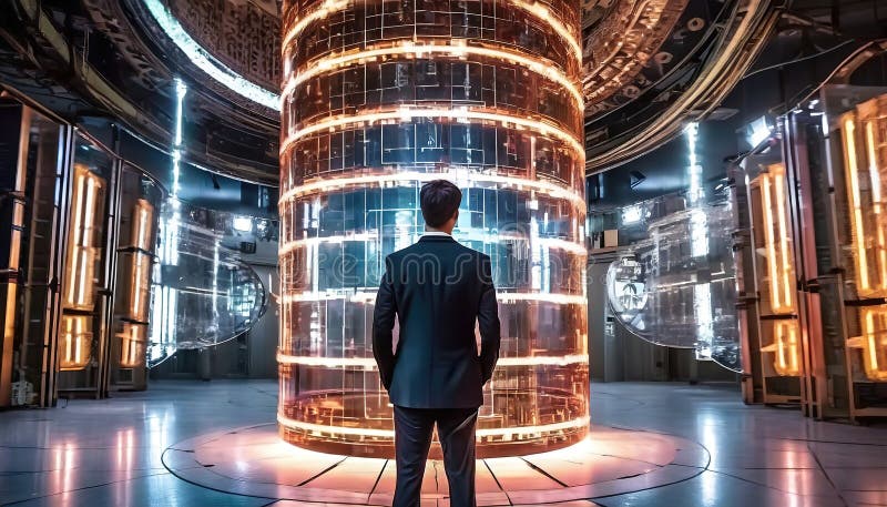 A Man in a Suit Standing in Front of a Massive Illuminated Cylindrical ...