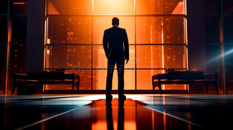 Man in Suit Standing in Front of Window with City View. Generative AI ...