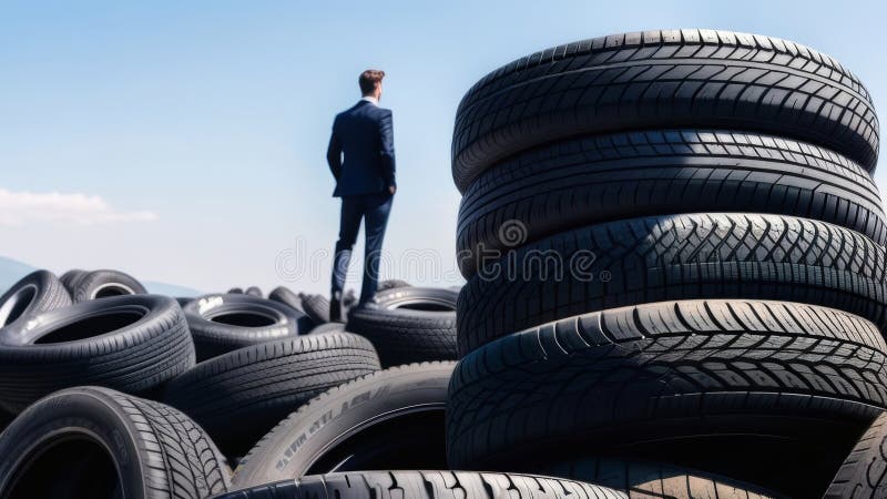 A Man in Suit Standing before a Mound of Tires Under a Clear Sky. Stock ...