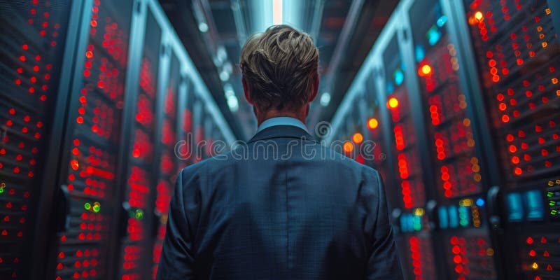 Man in a Suit Standing in a Server Room with Red Lights Stock ...
