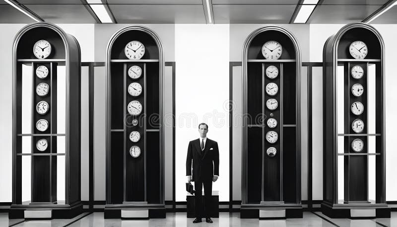 Man in Suit Standing between Symmetrical Rows of Clocks in Black and ...