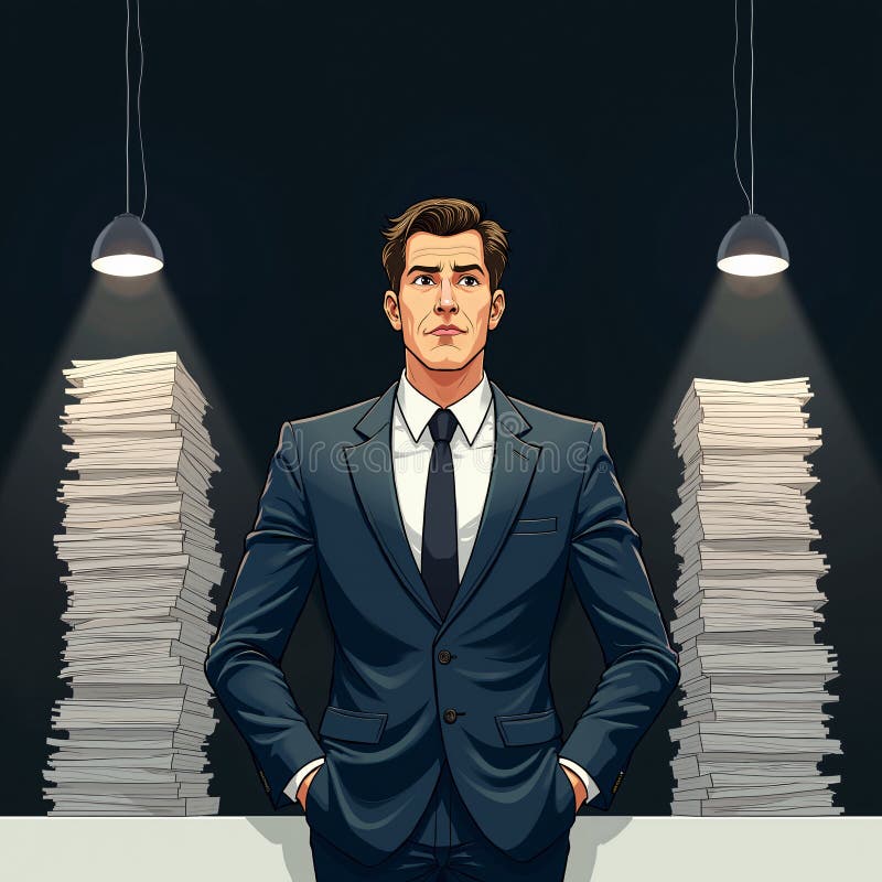 Man in Suit Standing between Two Stacks of Papers Stock Illustration ...