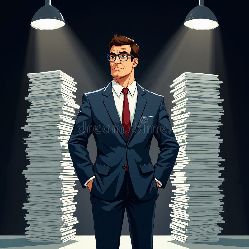 Man in Suit Standing between Two Stacks of Papers Stock Illustration ...